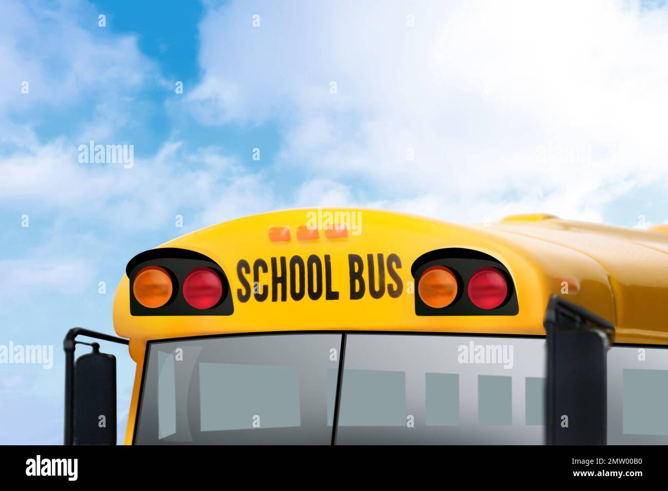 Yellow school bus outdoors, closeup. Transport for students Stock Photo ...