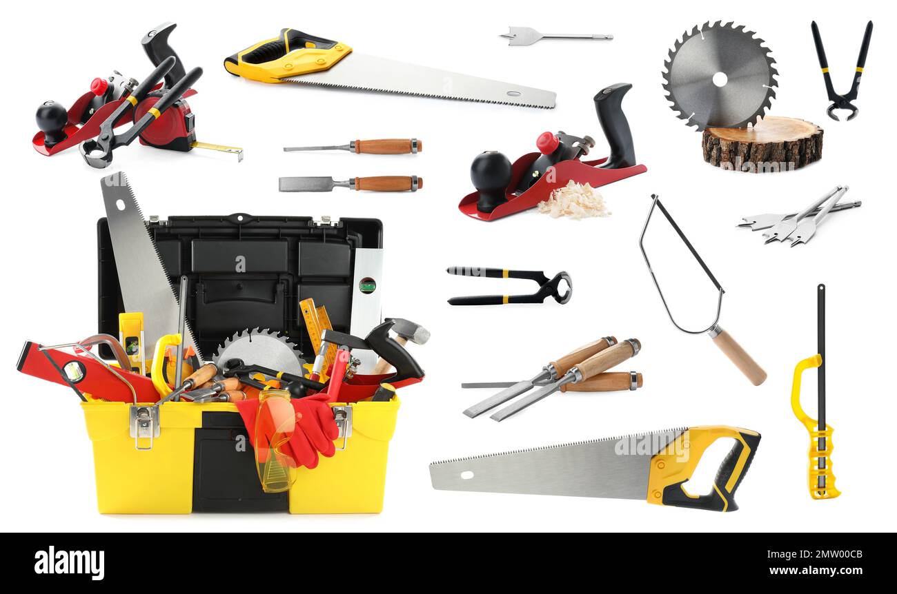Collage with different modern carpenter's tools on white background ...