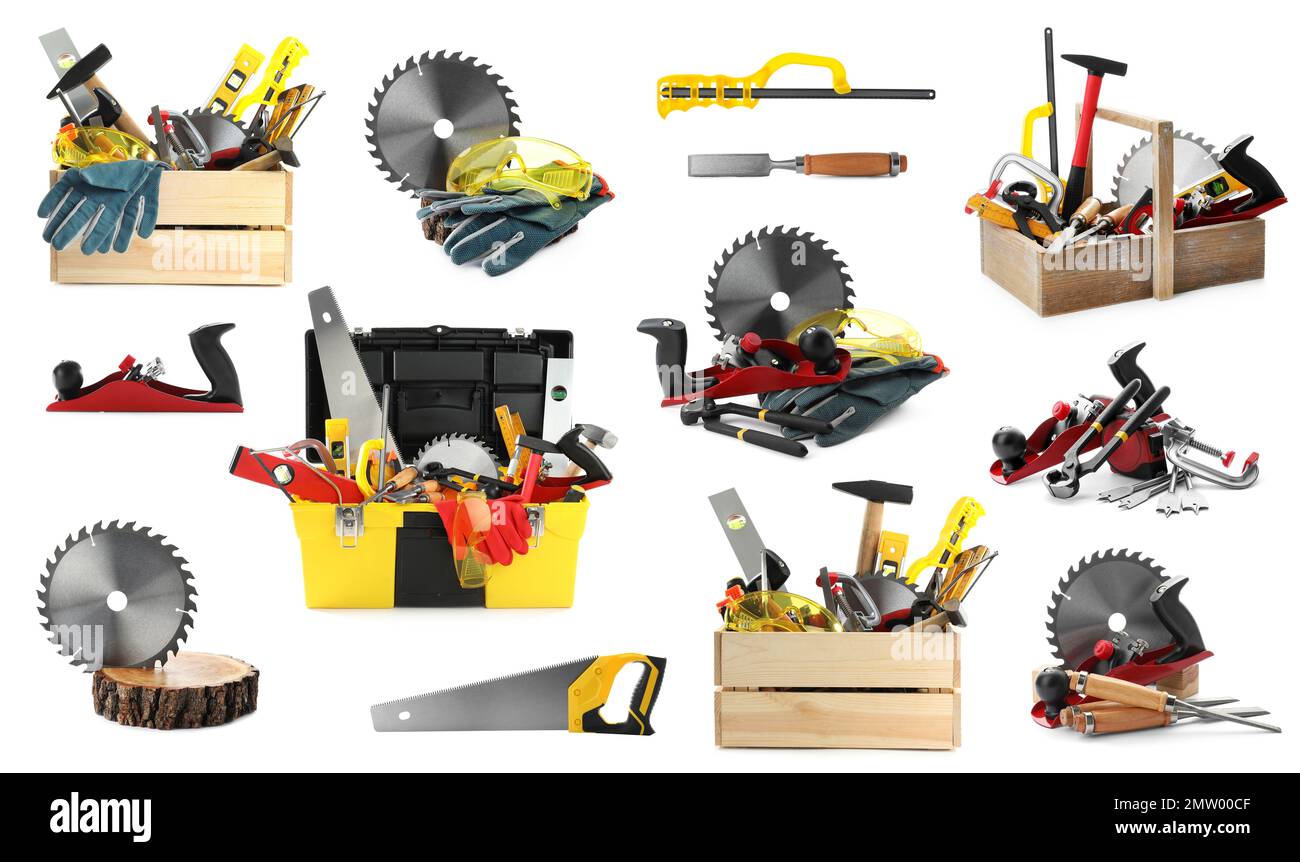 Collage with different modern carpenter's tools on white background ...