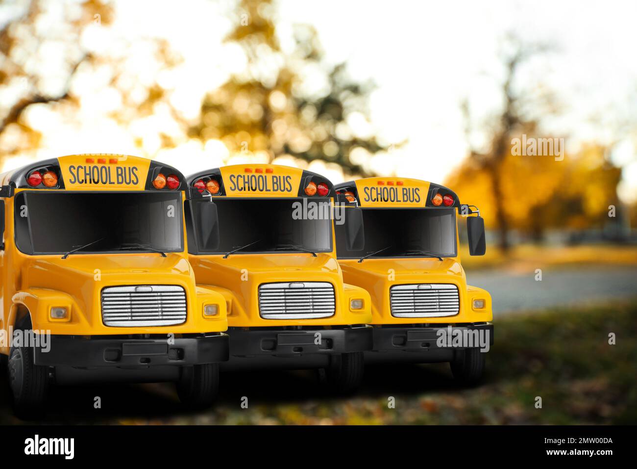 Yellow school buses outdoors. Transport for students Stock Photo - Alamy