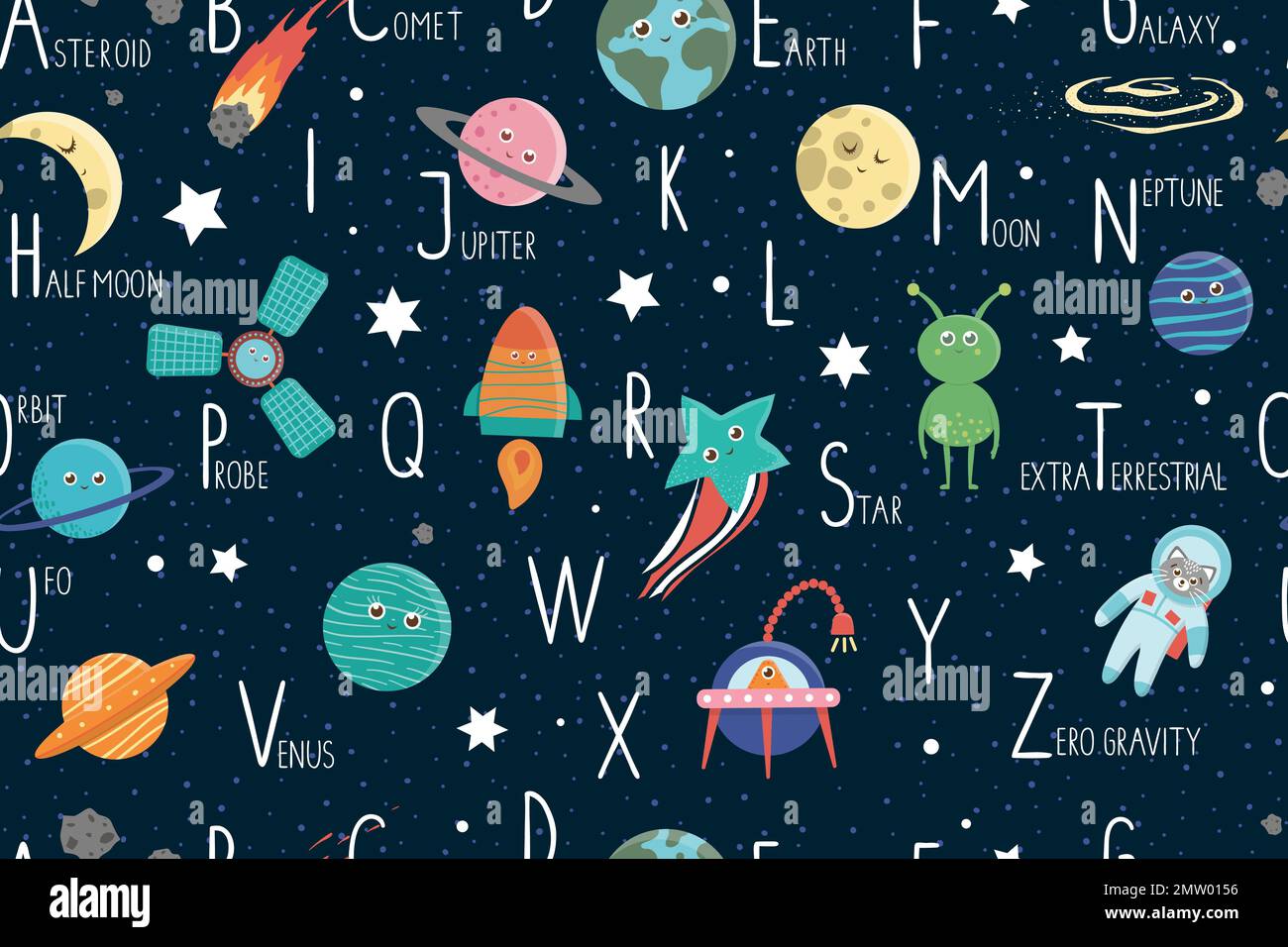 Space alphabet seamless pattern for children. Cute flat English ABC ...
