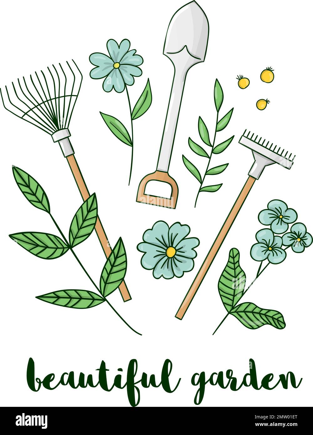 Vector illustration of colorful garden equipment with flowers. Shovel ...