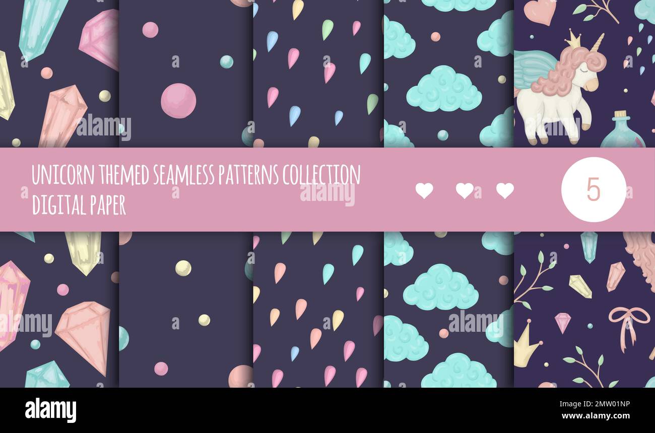 Vector set of seamless patterns with magic colored crystals, raindrops ...
