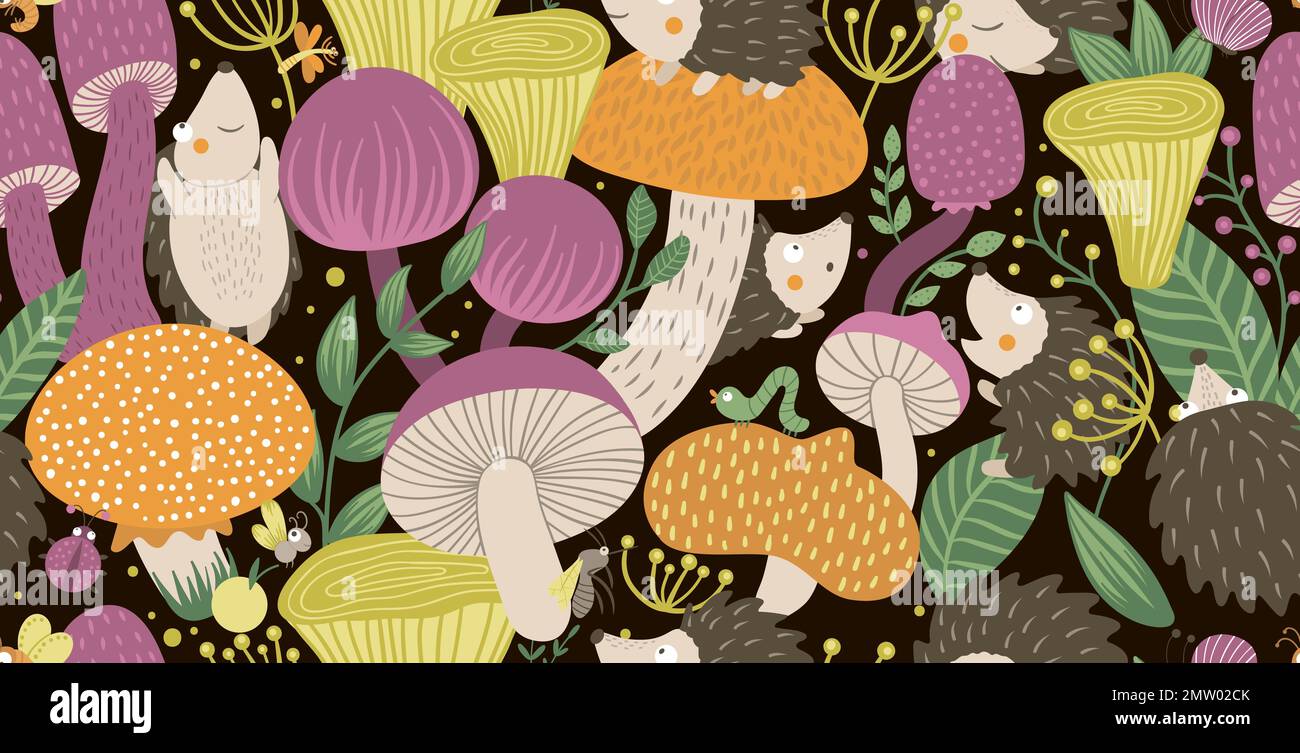 Vector seamless pattern of flat funny mushrooms with hedgehogs, berries ...
