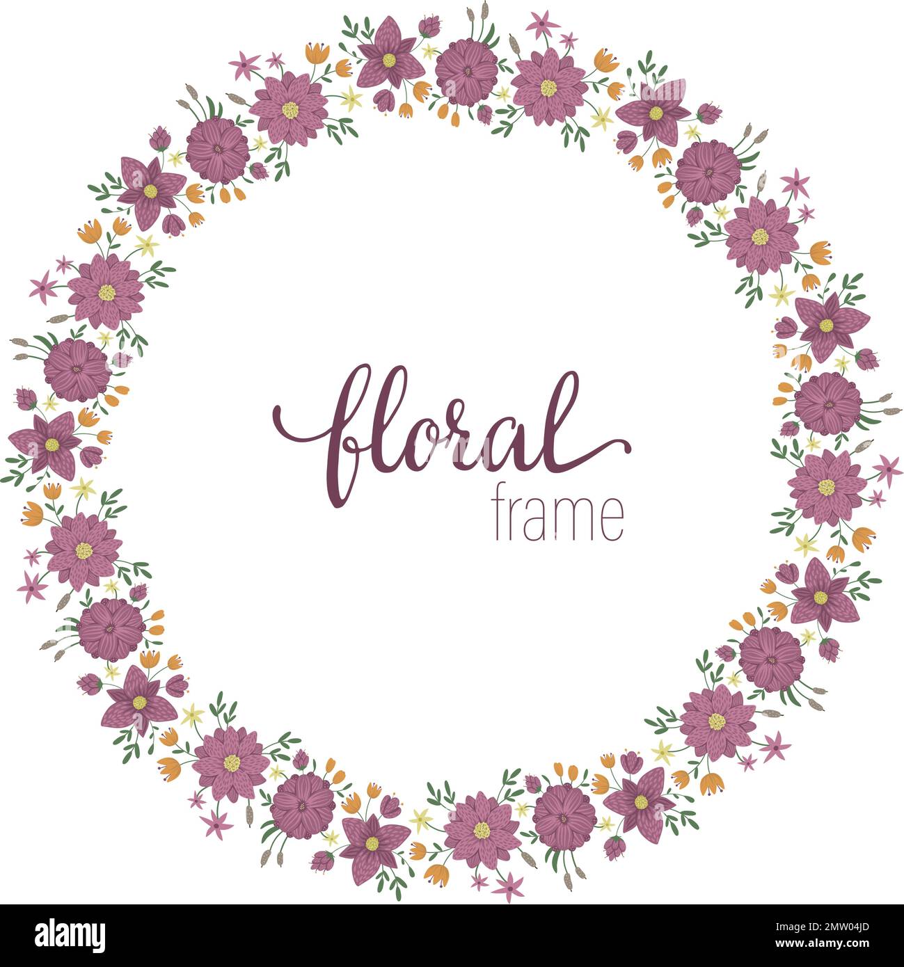 Vector frame template with flat trendy wild flowers with reeds on white ...