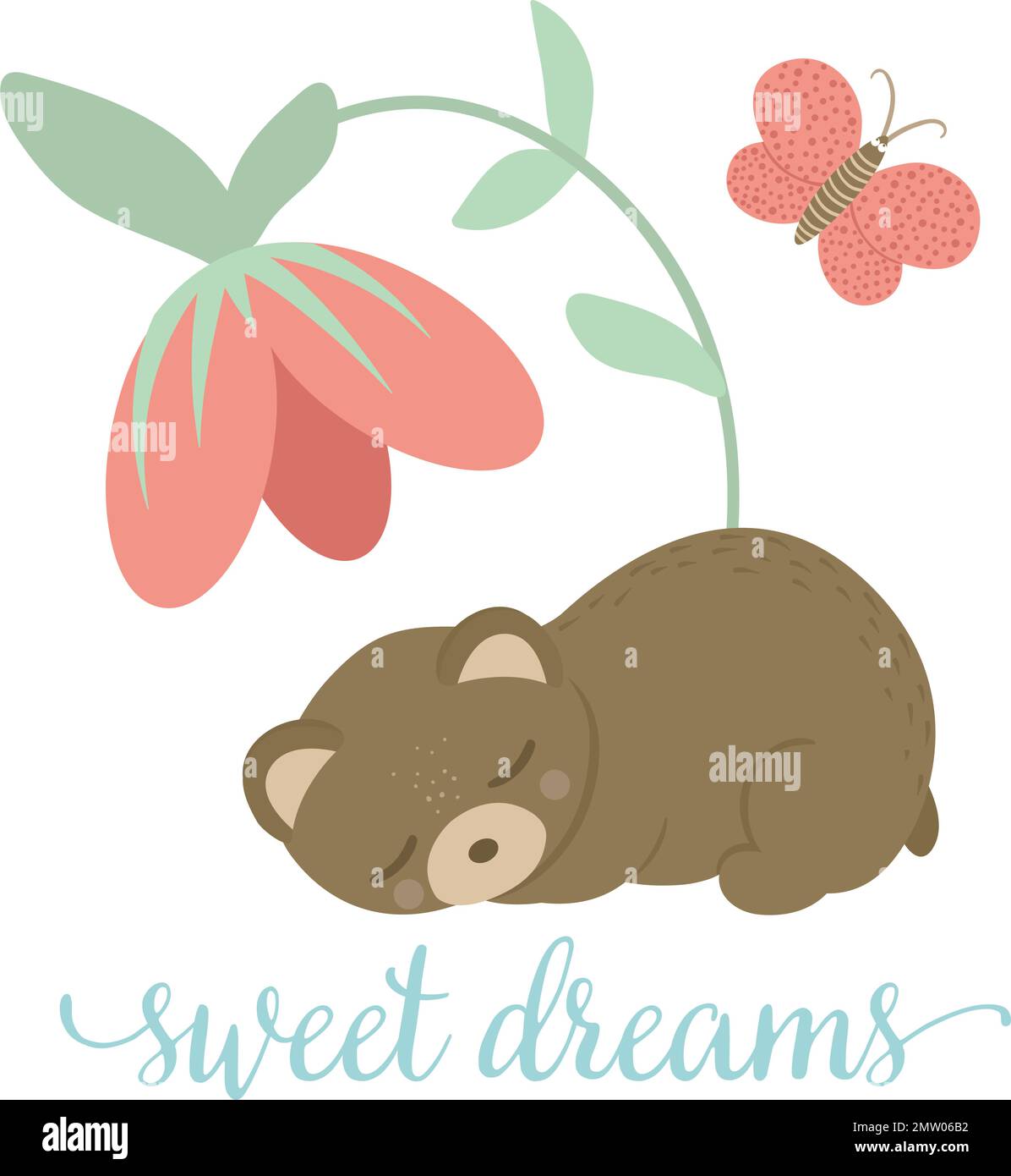 Vector cartoon style hand drawn flat bear sleeping under the flower ...