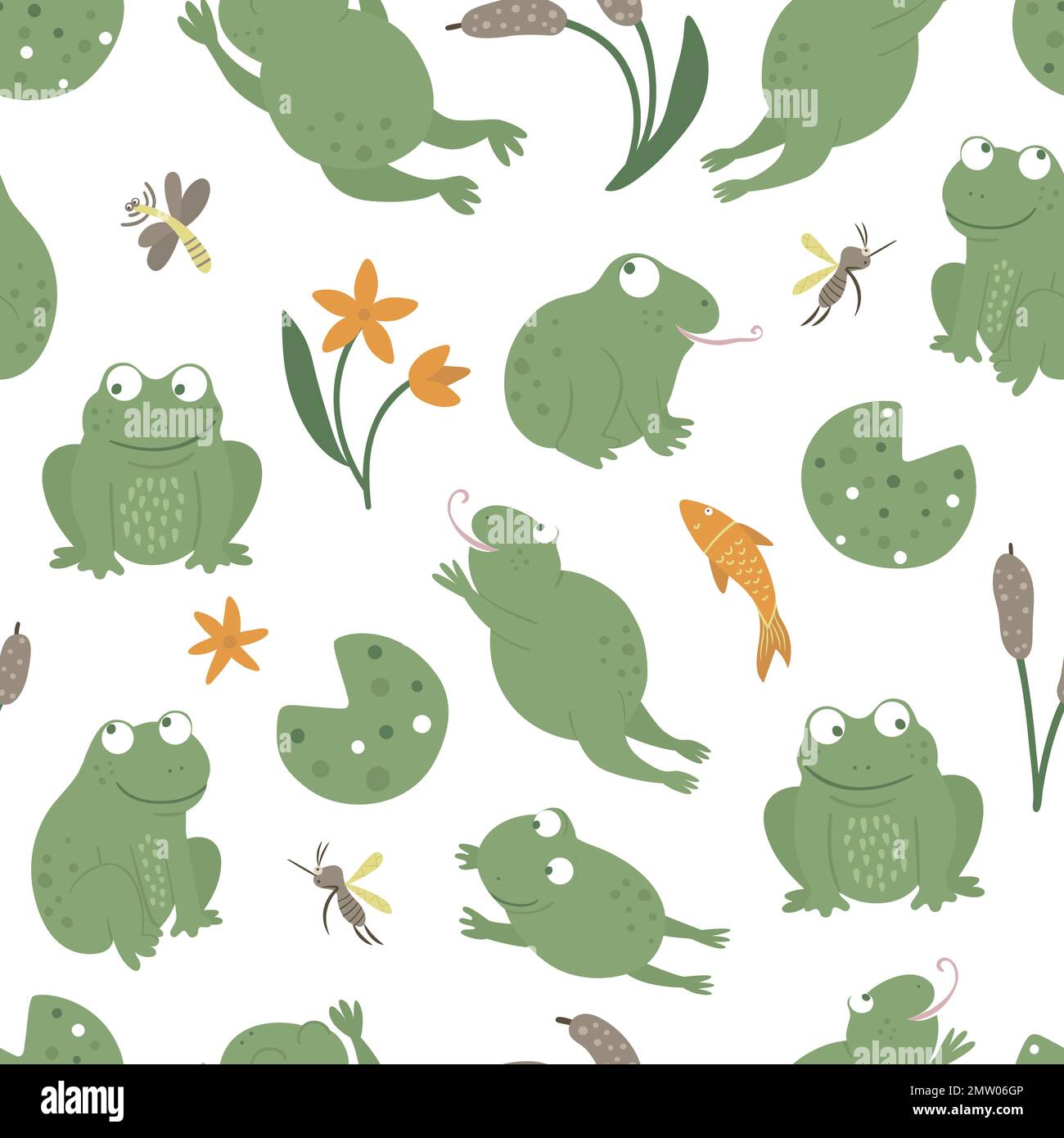 Vector seamless pattern of cartoon style flat funny frogs in different ...