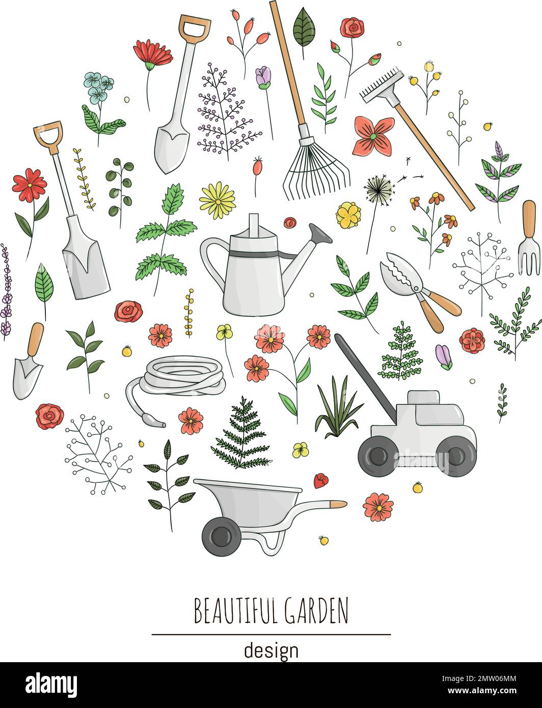 Vector set of colorful garden tools, flowers, herbs, plants. Collection ...