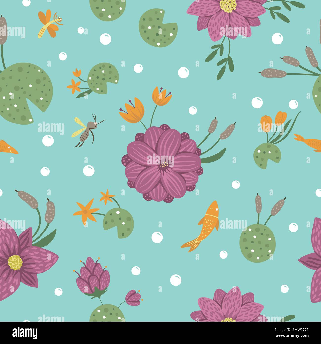 Vector seamless pattern of cartoon style flat funny waterlily ...