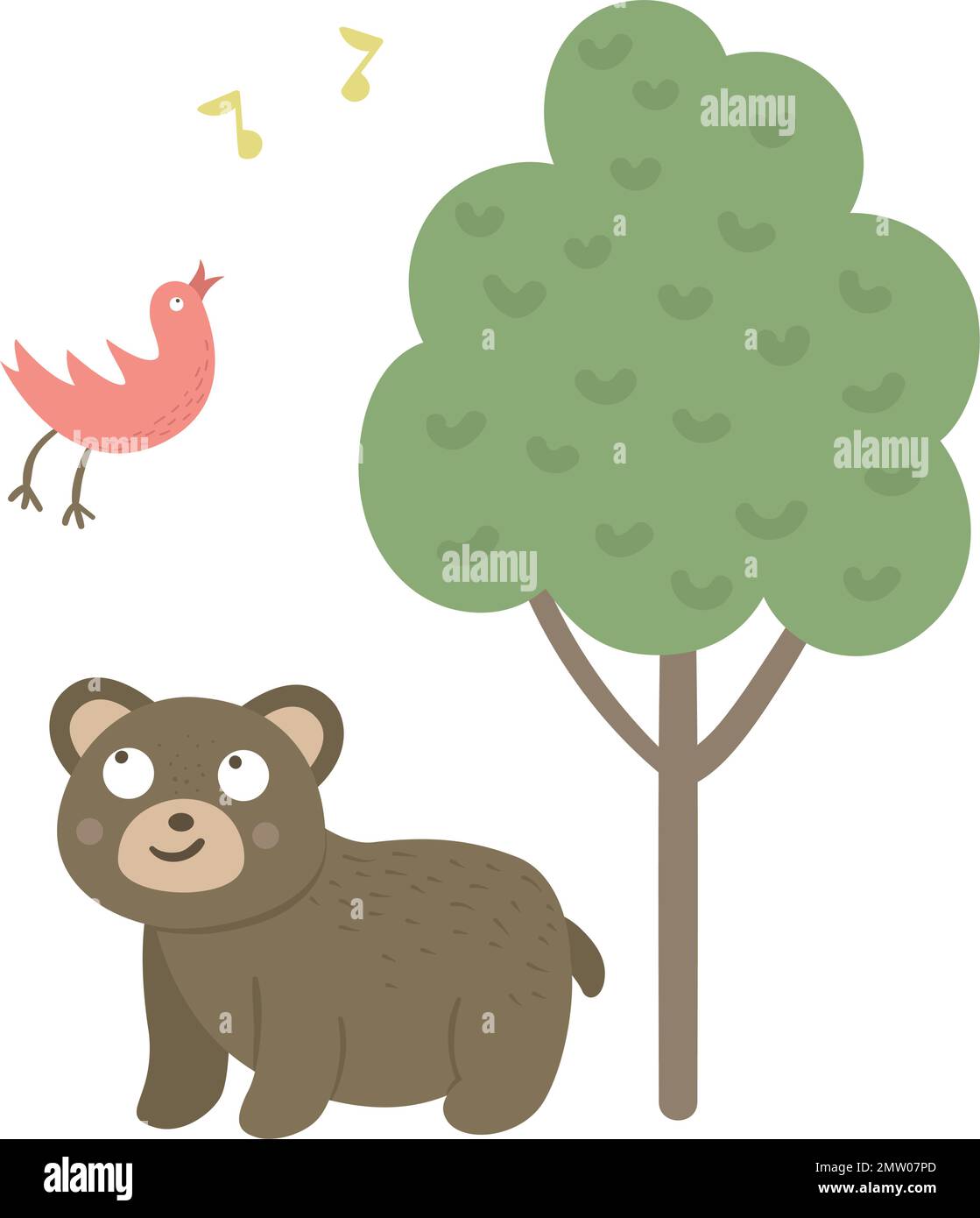 Vector cartoon style hand drawn flat bear listening to the singing bird ...