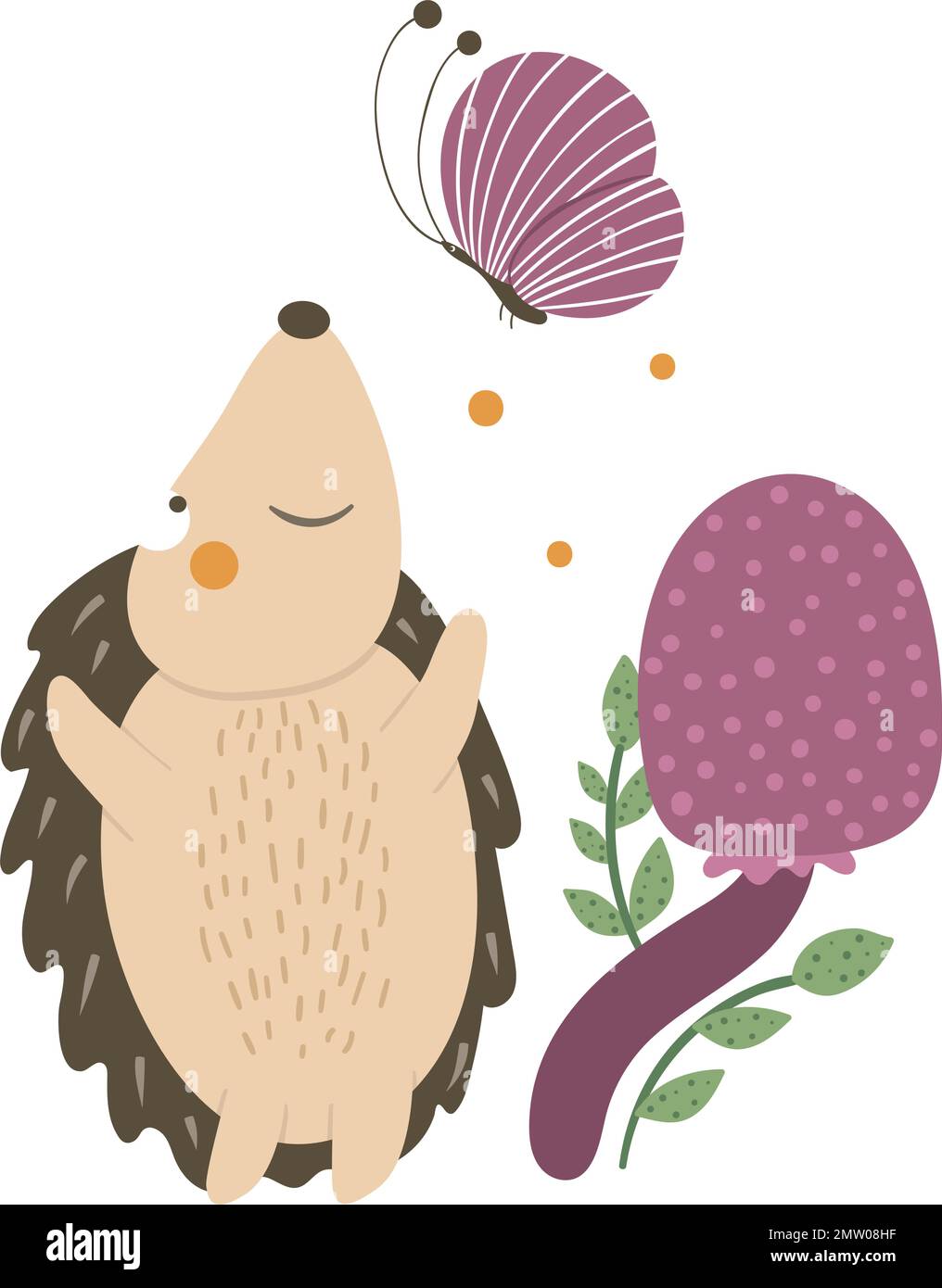 Vector hand drawn flat hedgehog catching a butterfly near purple ...