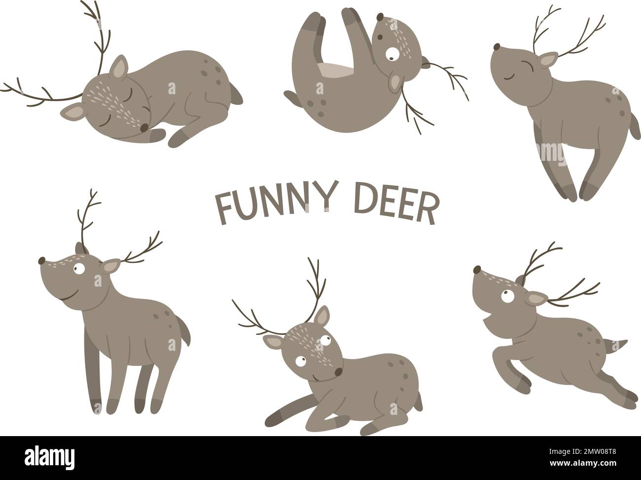 Vector set of cartoon style hand drawn flat funny deer in different ...