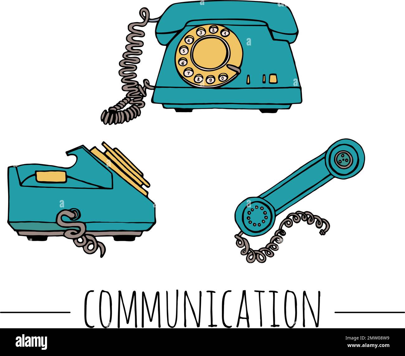 Vector vintage telephone set. Retro illustration of wired rotary dial telephone. Old means of ...