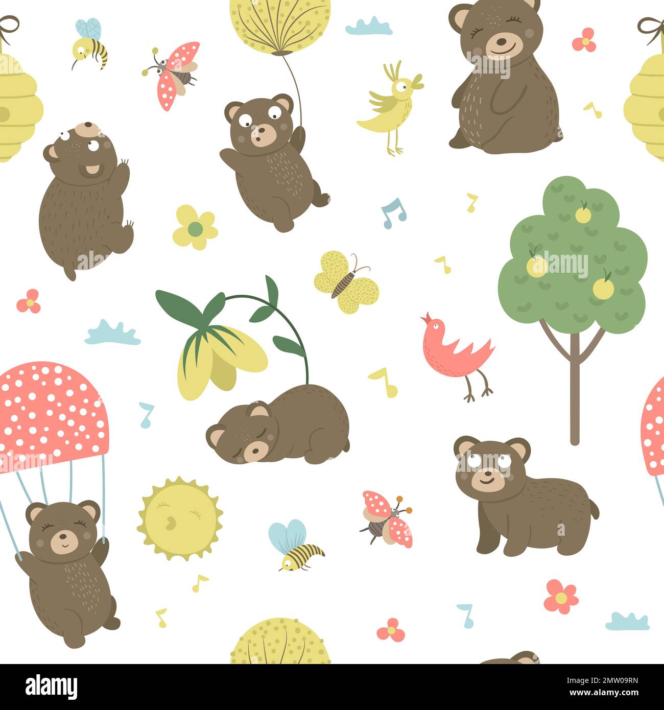 Vector seamless pattern of cartoon style hand drawn flat bears in ...