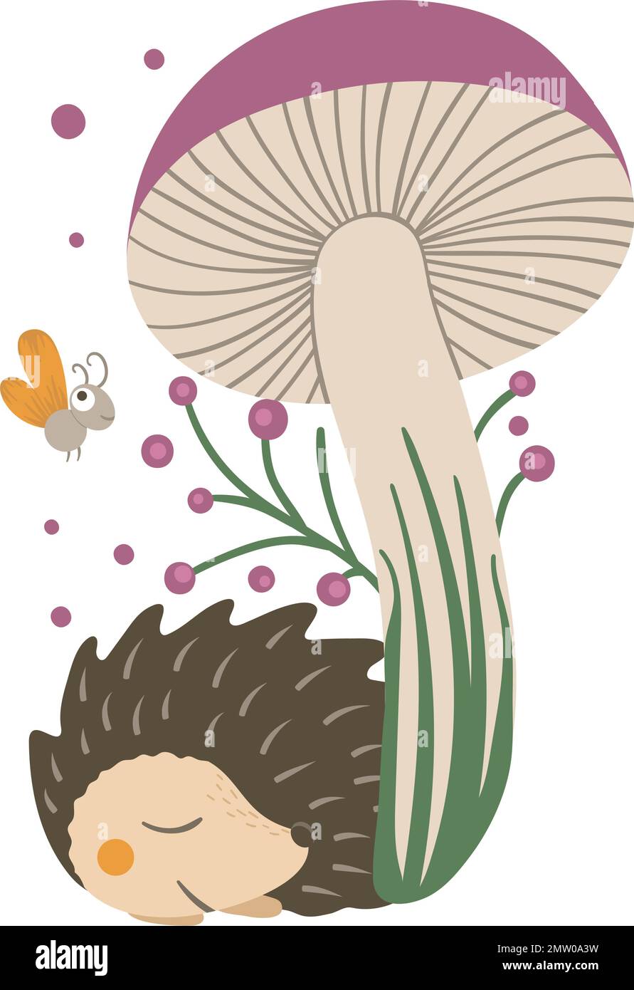 Vector hand drawn flat hedgehog sleeping under the purple mushroom ...