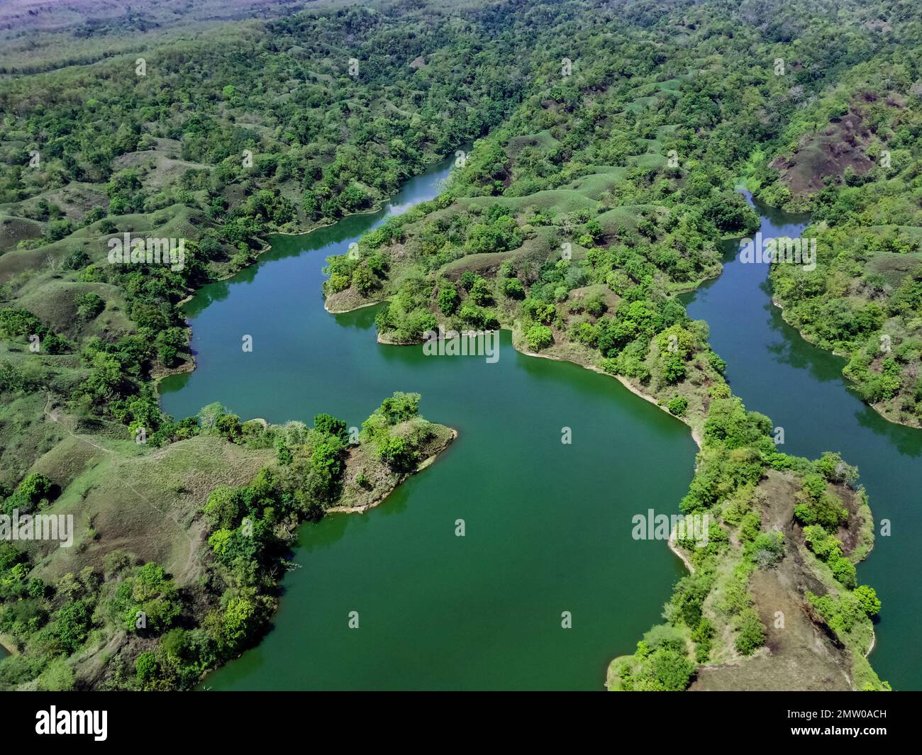 An aerial of the picturesque Bajul mati, reservoir or dam in Situbondo ...