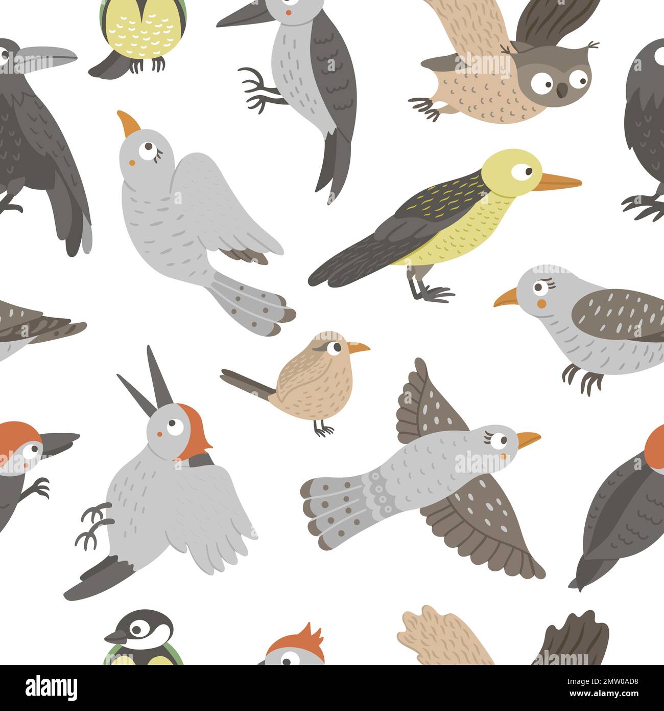 Vector Seamless Pattern Of Hand Drawn Flat Funny Woodland Birds Cute Repeat Background With Owl