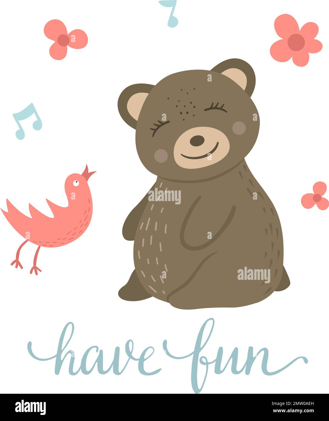 Vector cartoon style hand drawn flat bear sitting and listening to the ...