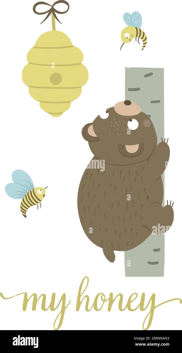 Vector cartoon style hand drawn flat bear climbing the tree for beehive ...