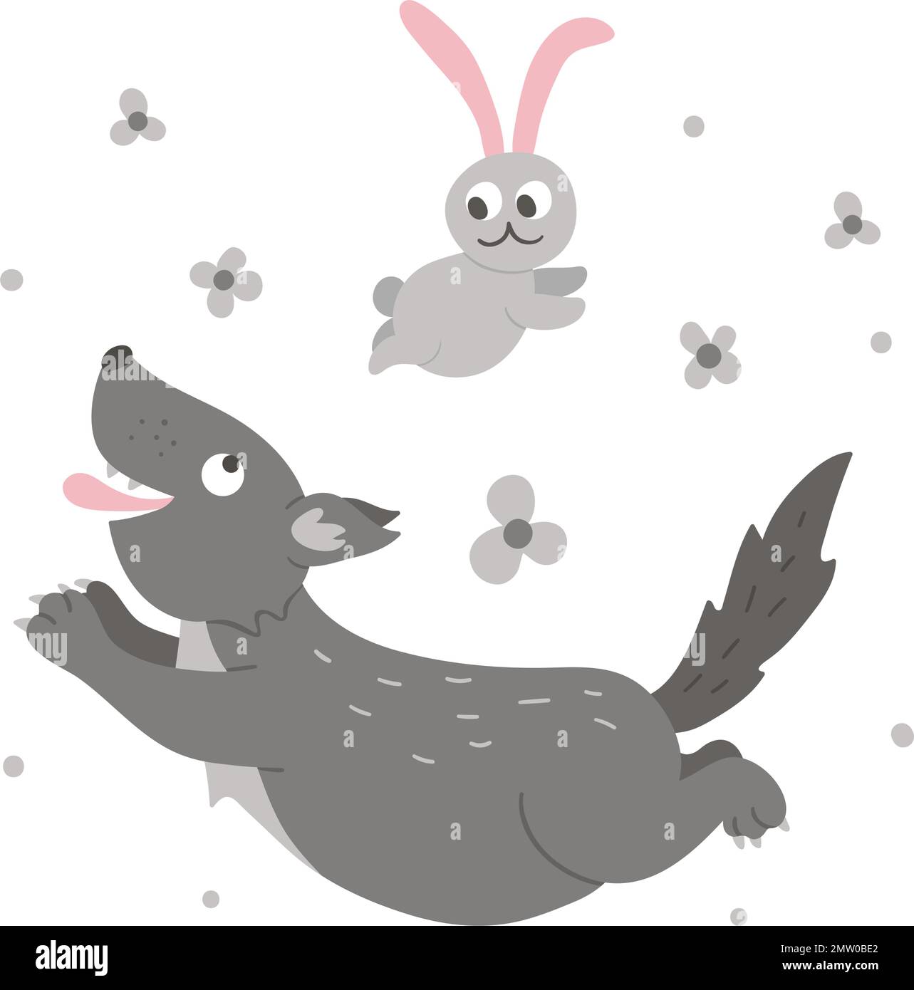 Vector hand drawn flat wolf running for hare. Funny hunt scene with ...
