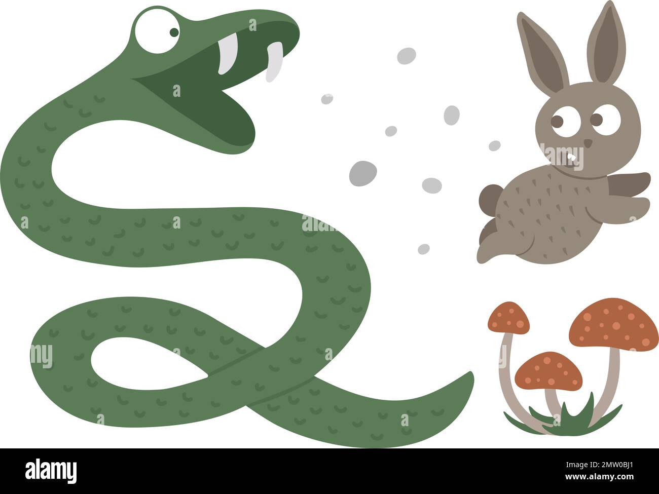 Vector hand drawn flat snake hunting a hare. Funny woodland animal ...
