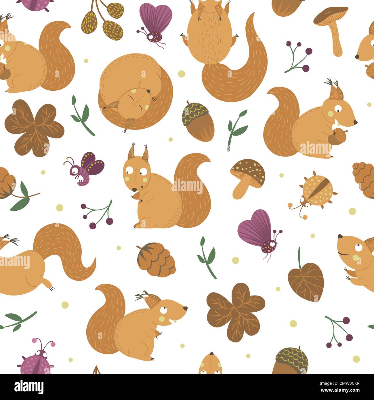 Vector seamless pattern of handdrawn flat funny squirrels with acorns, cones, mushrooms and ...