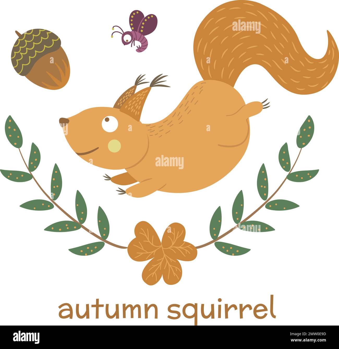 Vector hand drawn flat squirrel running for acorn. Funny autumn scene ...