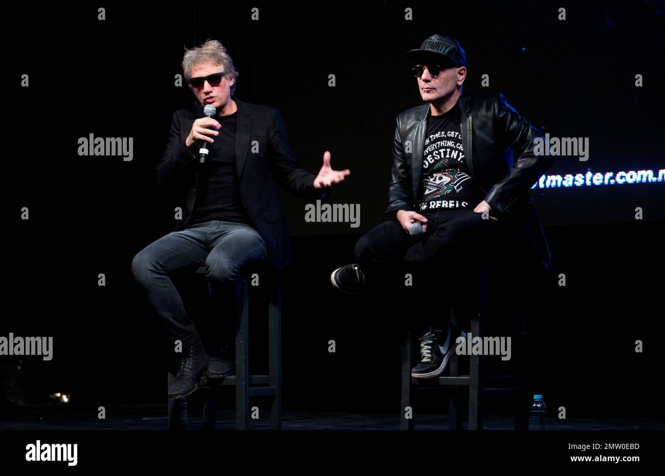 Soda Stereo band members Charly Alberti, left, and Zeta Bosio give a ...