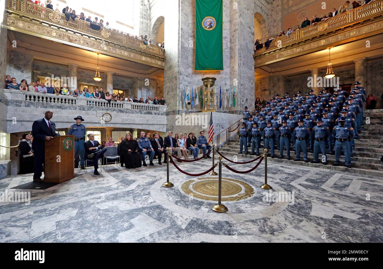 Washington State Patrol Chief John Batiste, left, speaks during the ...