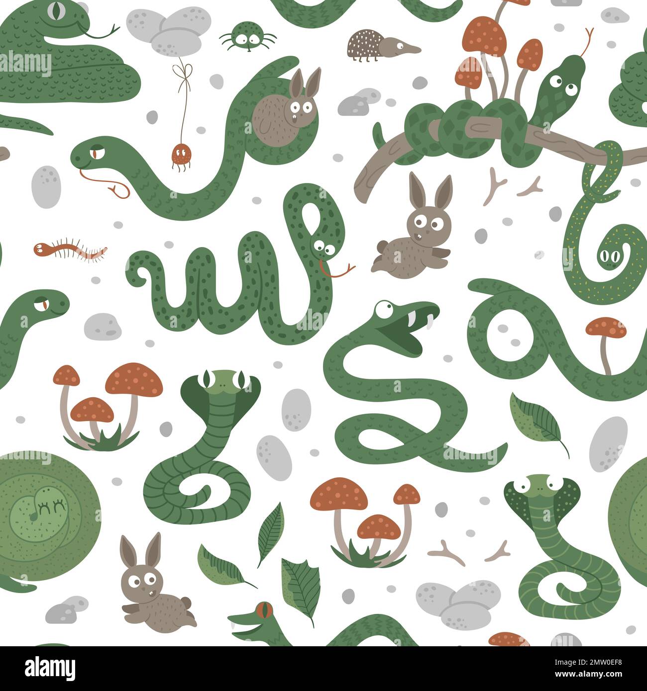 Vector seamless pattern of hand drawn flat funny snakes in different ...