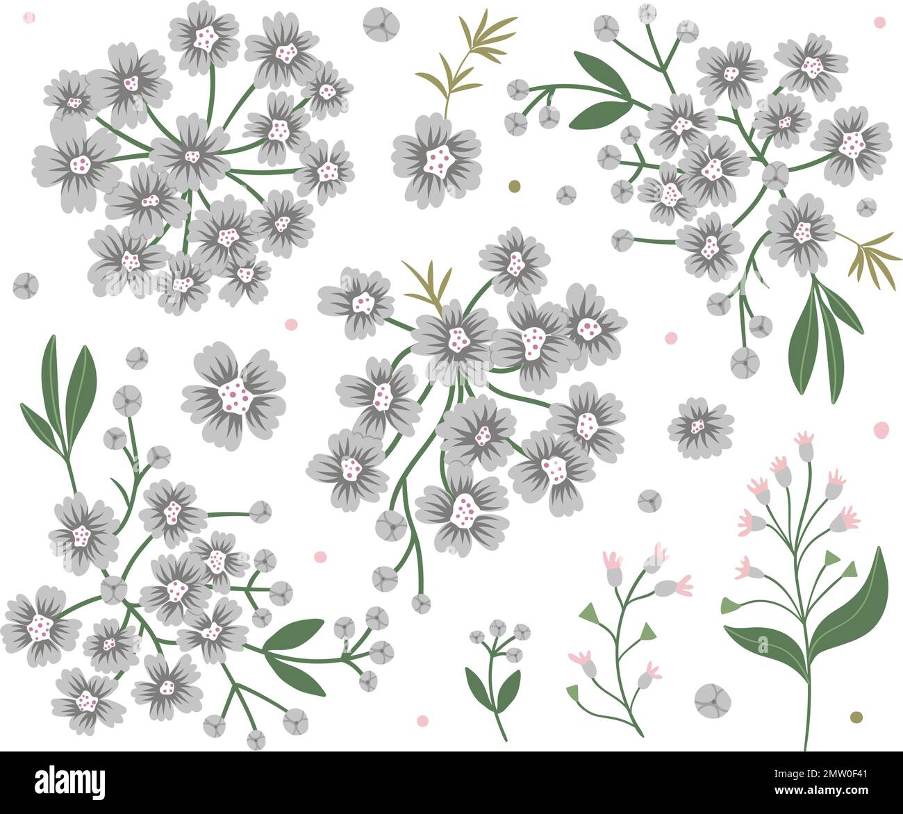 Set of vector floral decorative elements with wormwood. Flat trendy ...