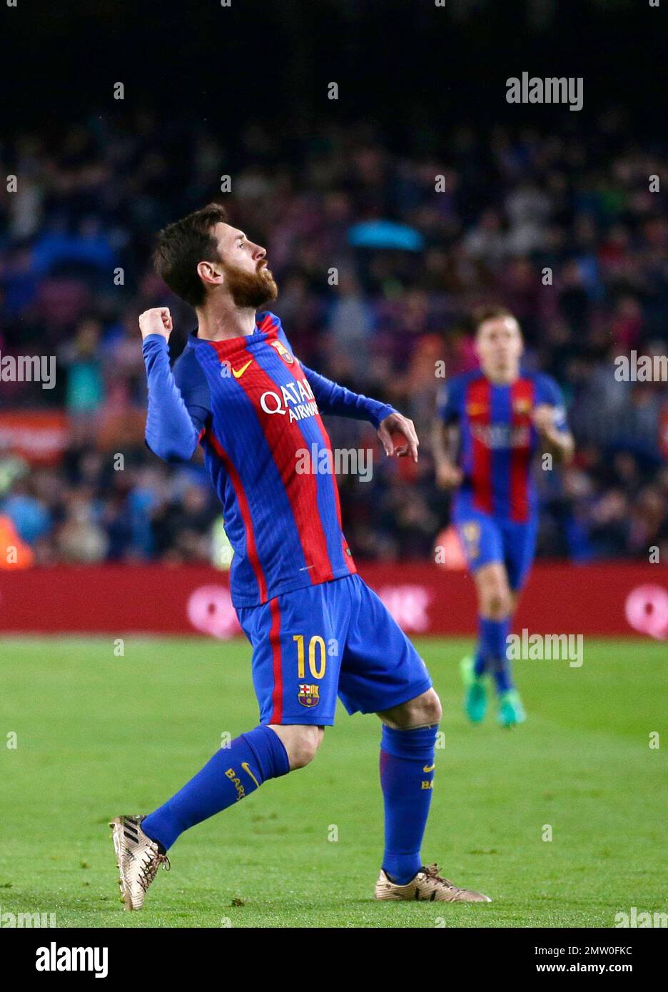 FC Barcelona's Lionel Messi celebrates after scoring during the Spanish ...