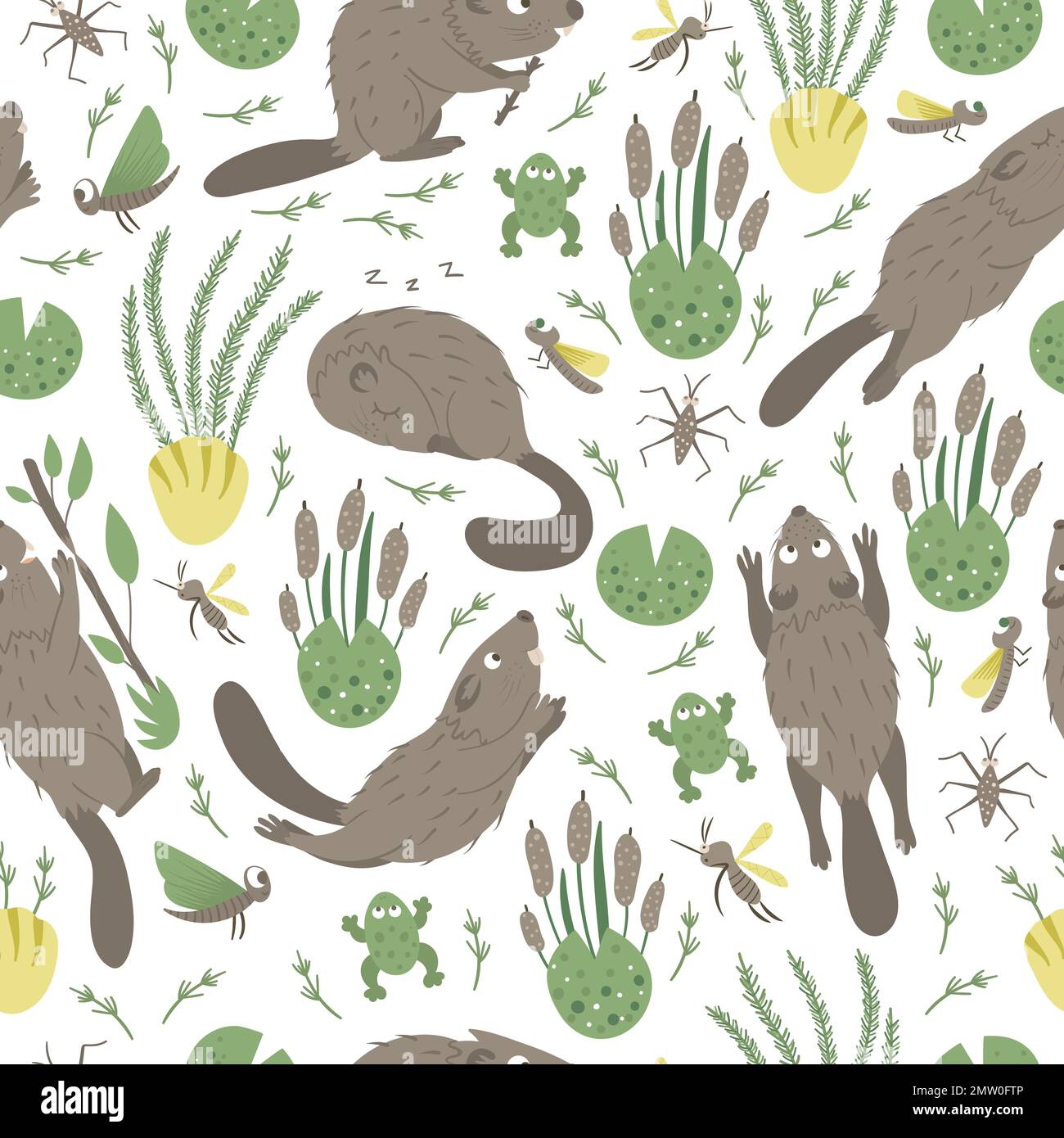 Vector seamless pattern of hand drawn flat funny beavers in different ...