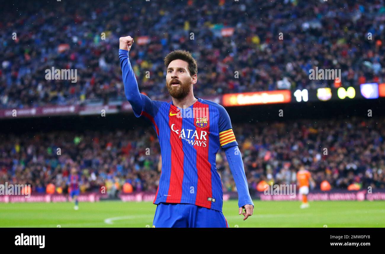 FC Barcelona's Lionel Messi celebrates after scoring during the Spanish ...