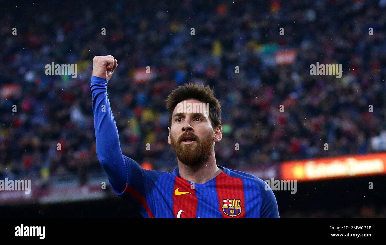 FC Barcelona's Lionel Messi celebrates after scoring during the Spanish ...