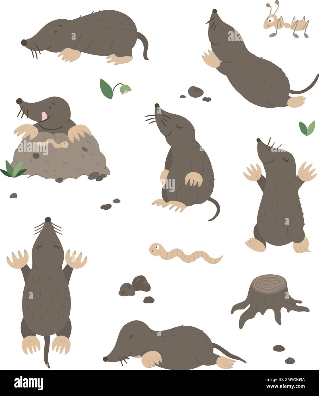 Vector set of cartoon style flat funny moles in different poses with ant, worm, leaves, stones ...