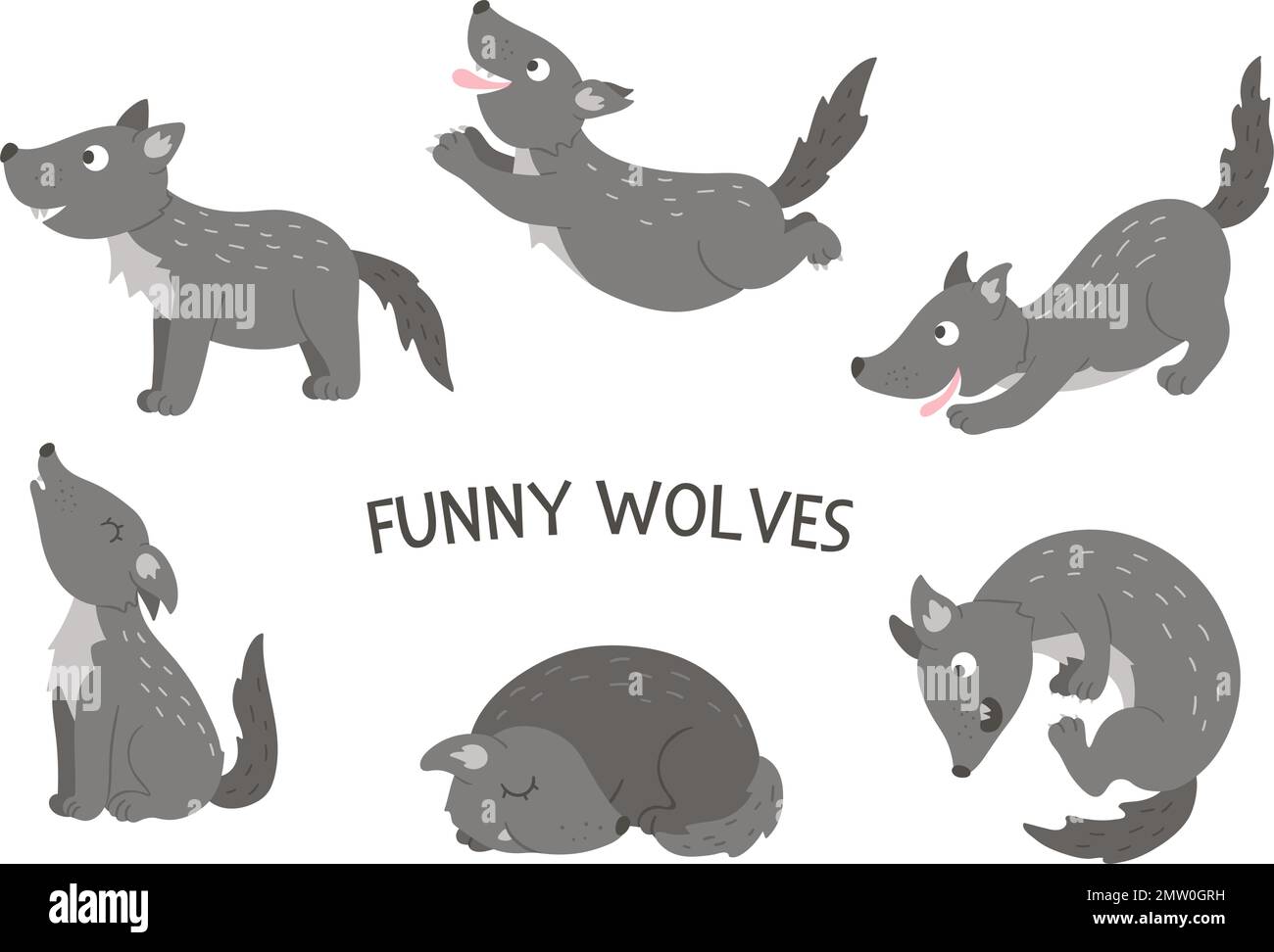 Vector set of cartoon style hand drawn flat funny wolves in different ...