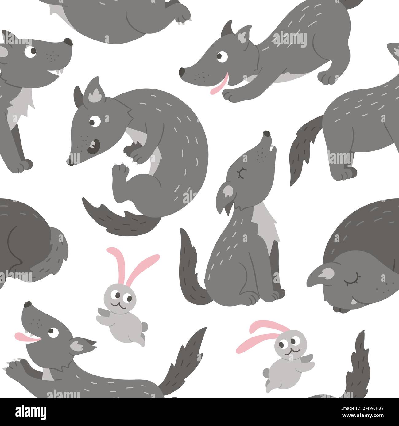 Vector seamless pattern of hand drawn flat funny wolves in different ...