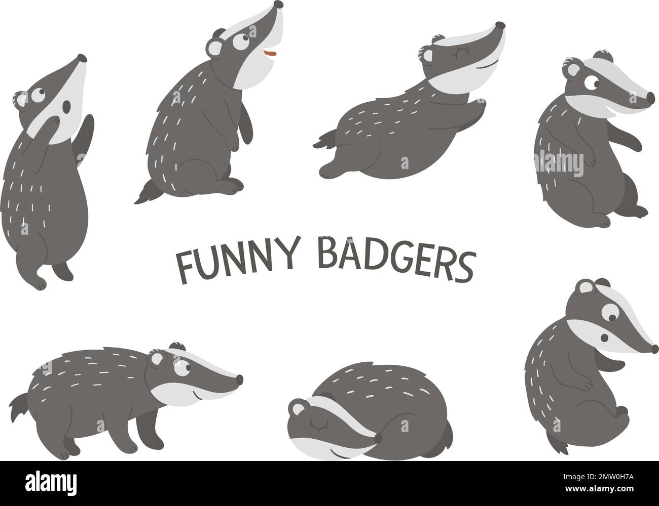 Vector set of cartoon style hand drawn flat funny badgers in different ...