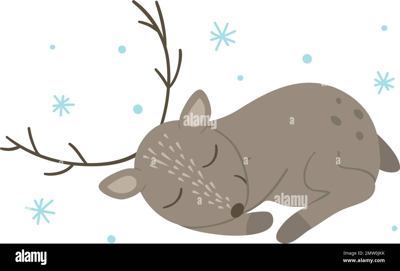 Vector hand drawn flat sleeping deer with snowflakes. Funny winter ...