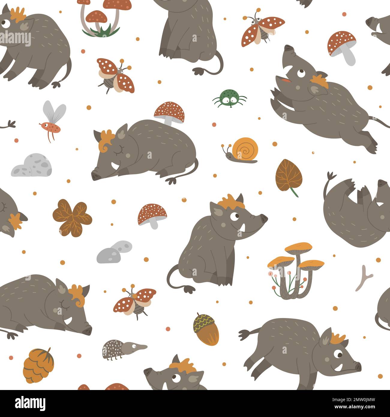 Vector seamless pattern of hand drawn flat funny boars in different ...