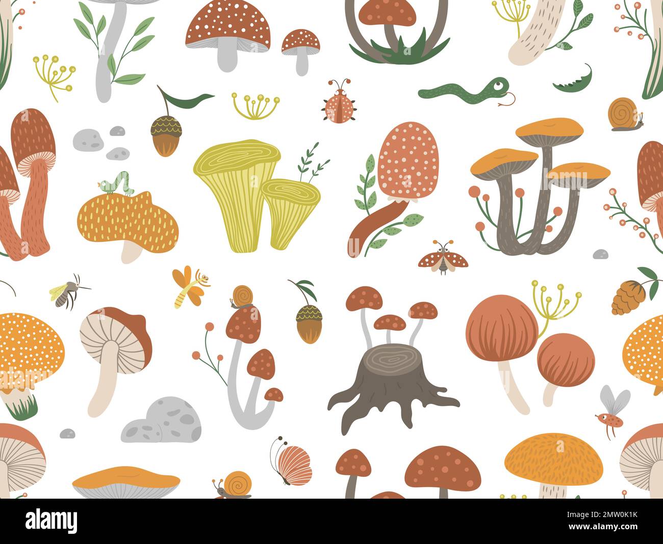 Vector seamless pattern of flat funny mushrooms with berries, leaves ...