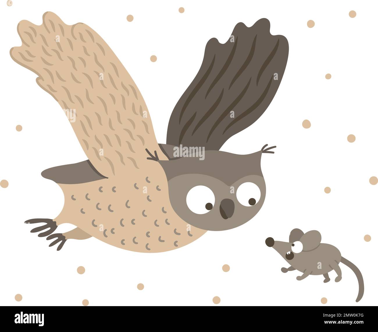 Vector hand drawn flat owl flying with spread wings for scared mouse ...