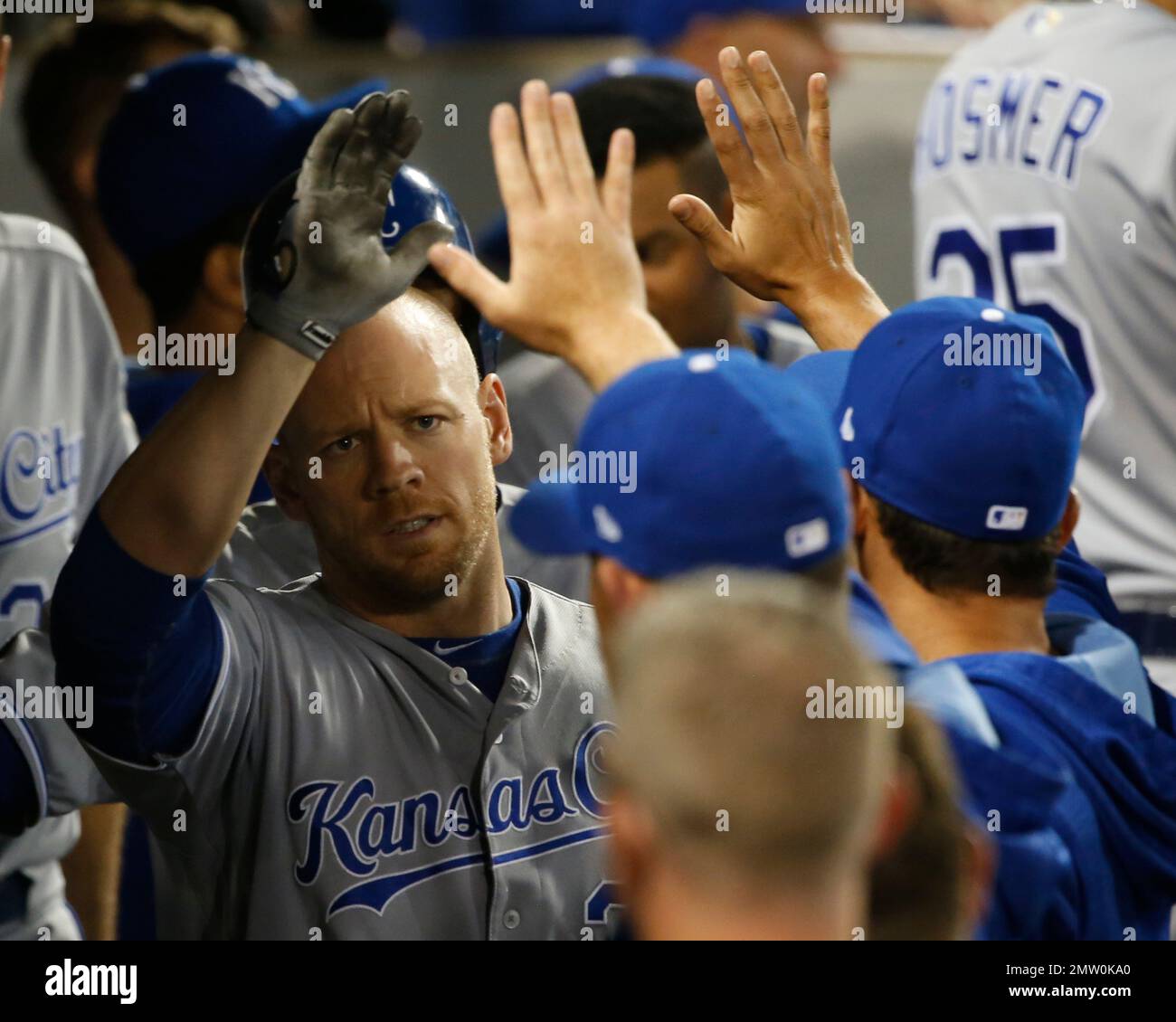 Kansas City Royals' Brandon Moss celebrates his two-run home run, also ...