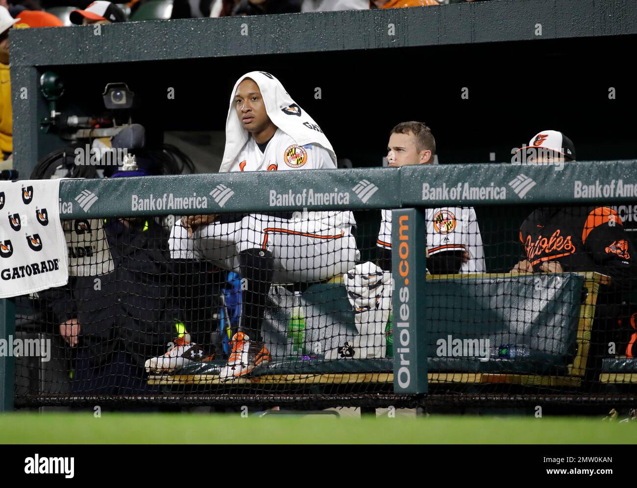 Baltimore Orioles' Jonathan Schoop sits in the dugout during a baseball ...