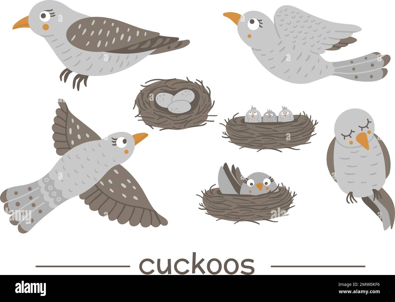 Vector set of cartoon style hand drawn flat funny cuckoos in different ...