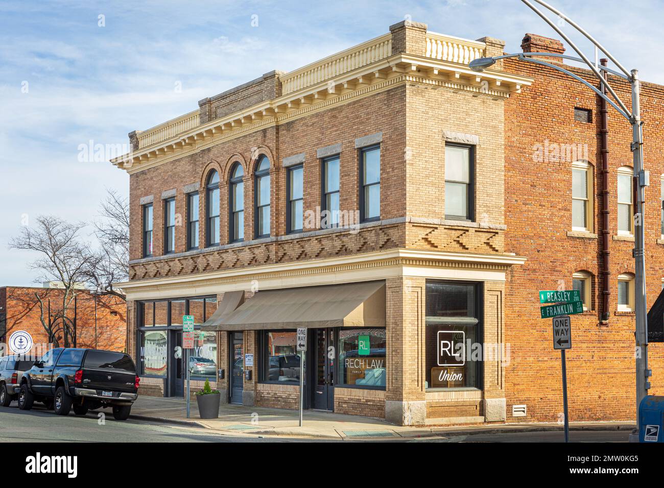 MONROE, NC, USA-28 JAN 2023: Historic building at corner of Franklin ...