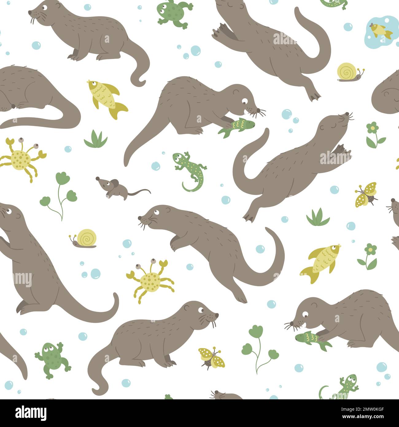 Vector seamless pattern of hand drawn flat funny otters in different ...