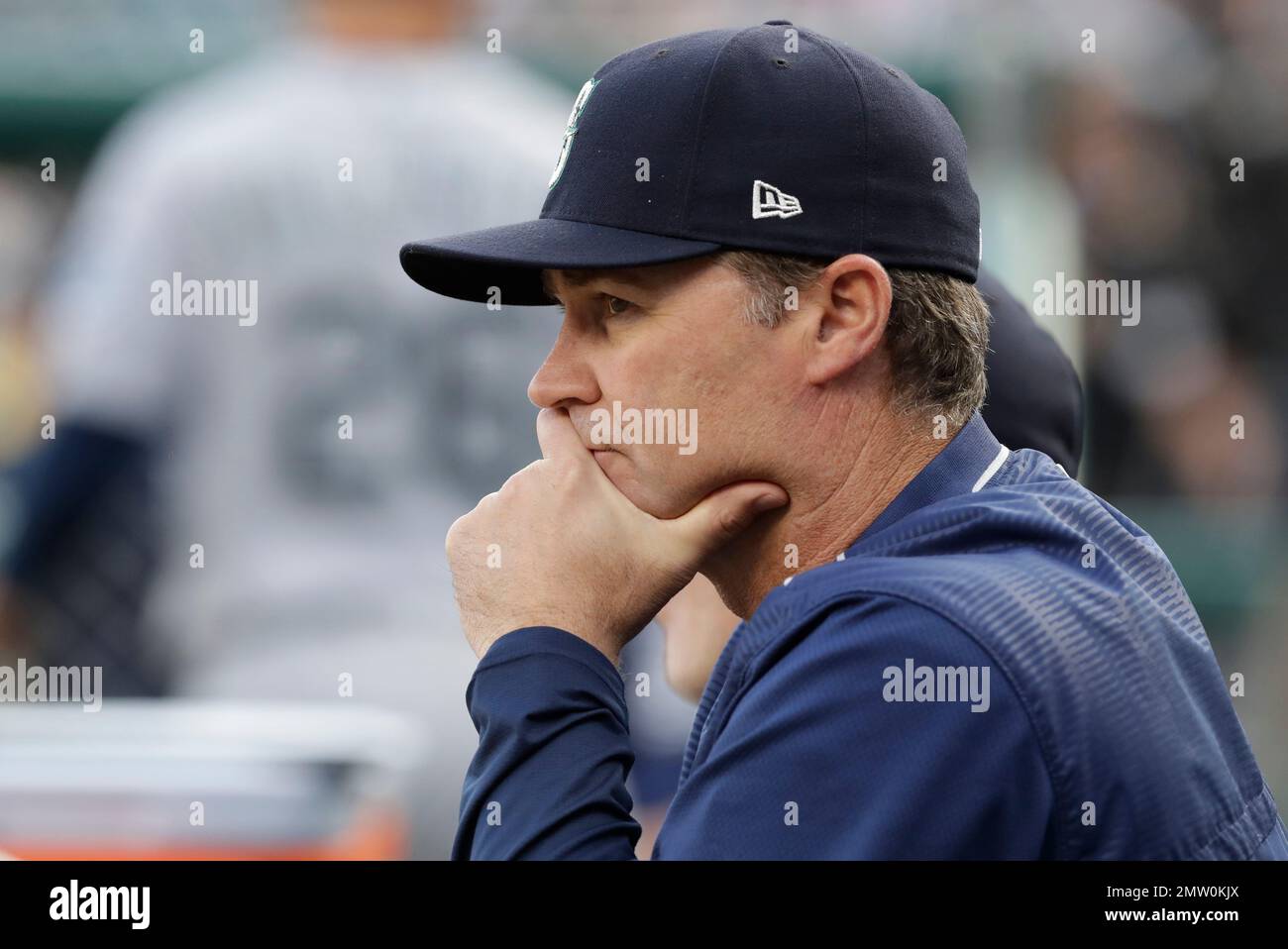 Seattle Mariners manager Scott Servais is seen in the dugout during the ...