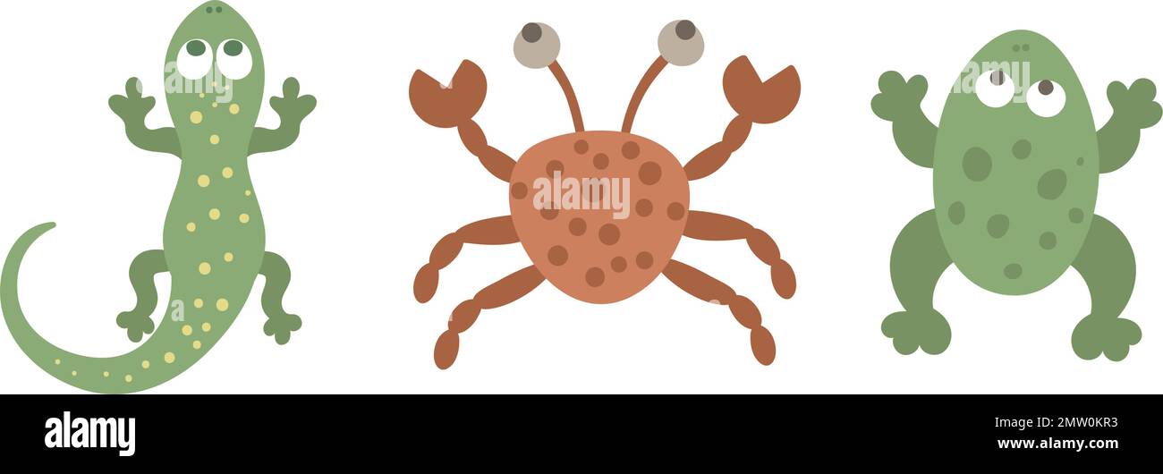 Set of vector hand drawn flat water animals. Funny crab, frog, lizard ...